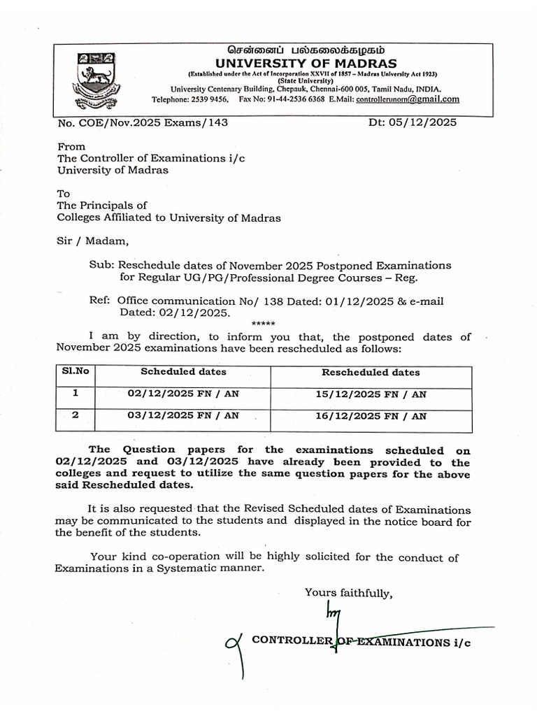 Nov 2025 Exam Reschedule Dates | PDF