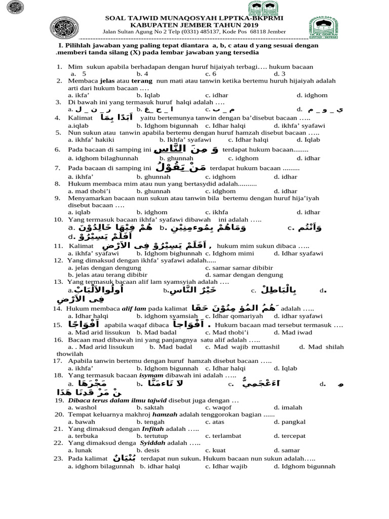 CONTOH SOAL TAJWID UNTUK LATIHAN SOAL SANTRI | PDF