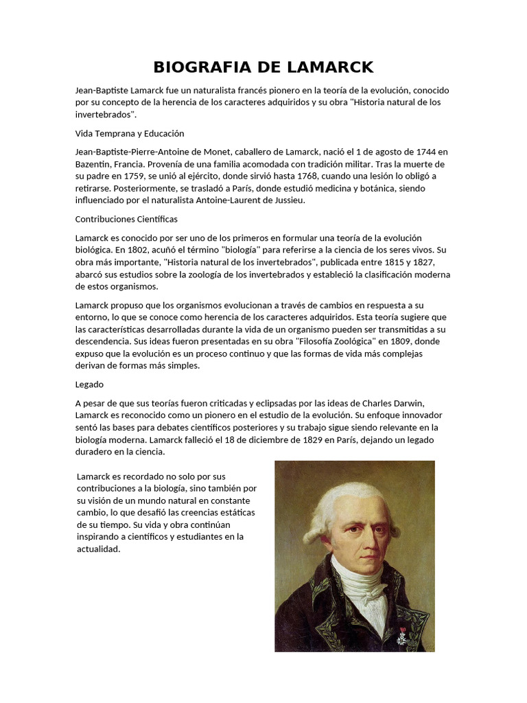 Biografía de Jean-Baptiste Lamarck | PDF