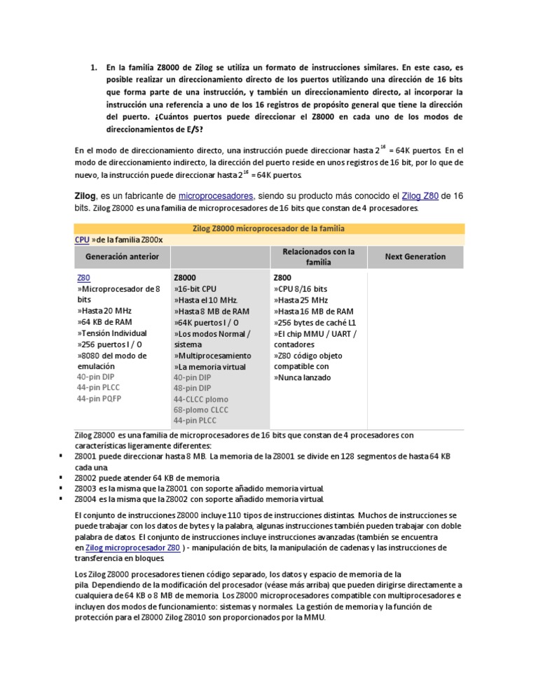 En La Familia Z8000 de Zilog Se Utiliza Un Formato de Instrucciones Similares | PDF ...