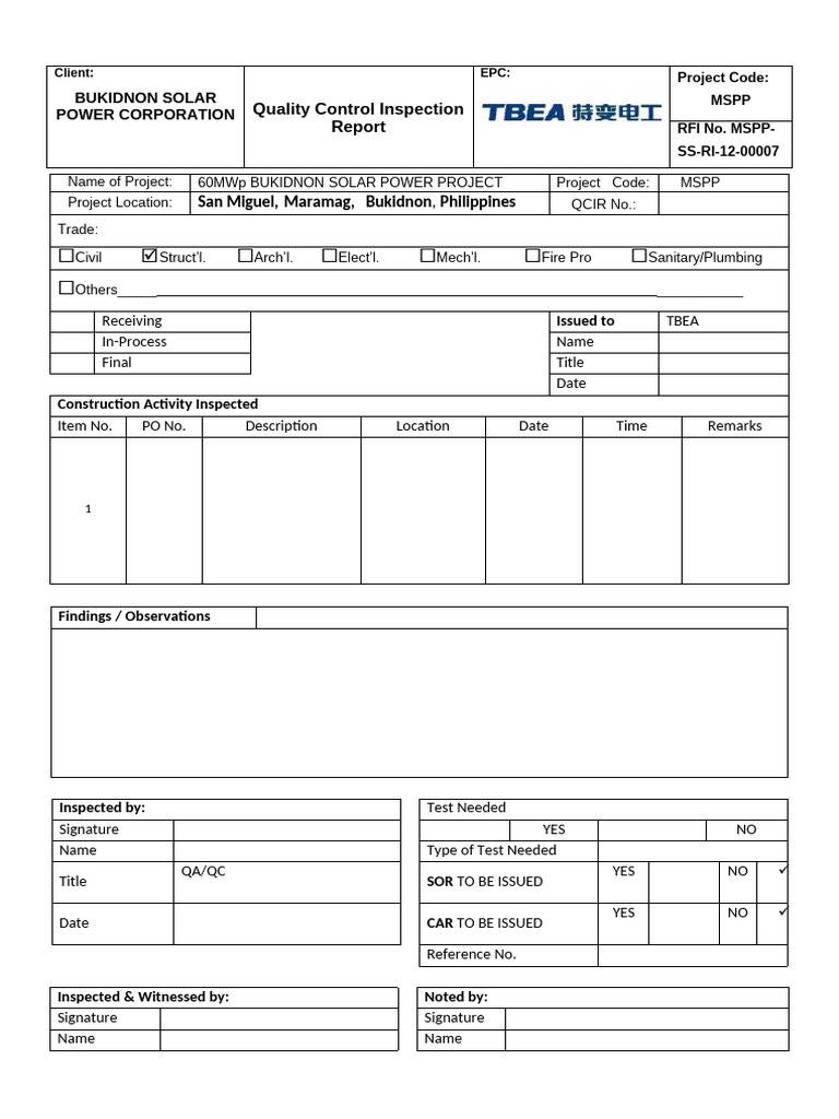 Bukidnon Solar QC Inspection Report | PDF | Quality