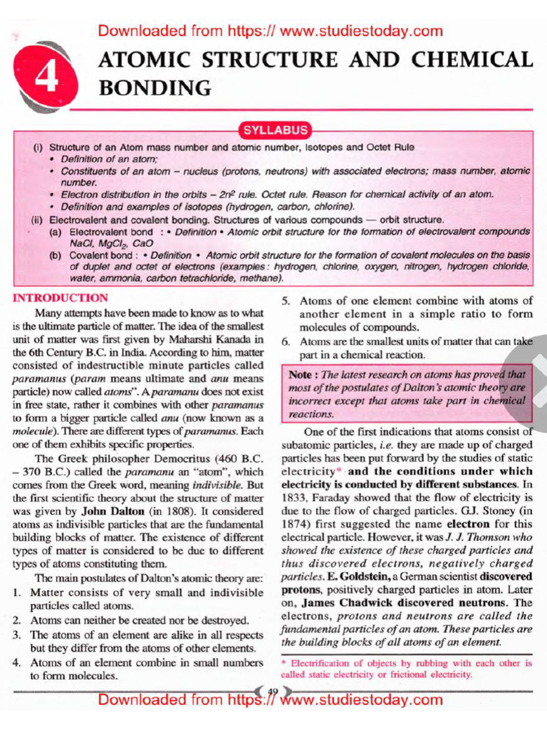 Atomic Structure and Chemical Bonding - Chemistry | PDF
