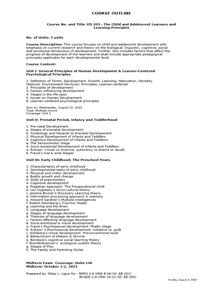 Child and Adolescent Learning Course Outline | PDF | Developmental ...