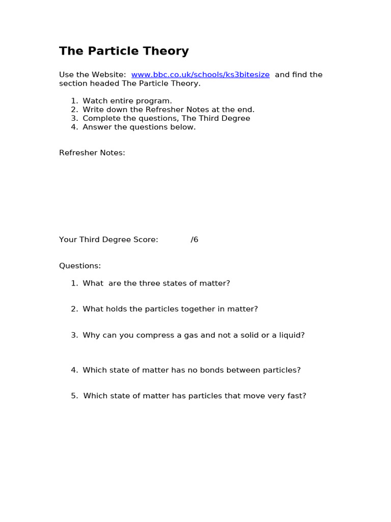 The Particle Theory Yr7 Bitesize Worksheet | PDF