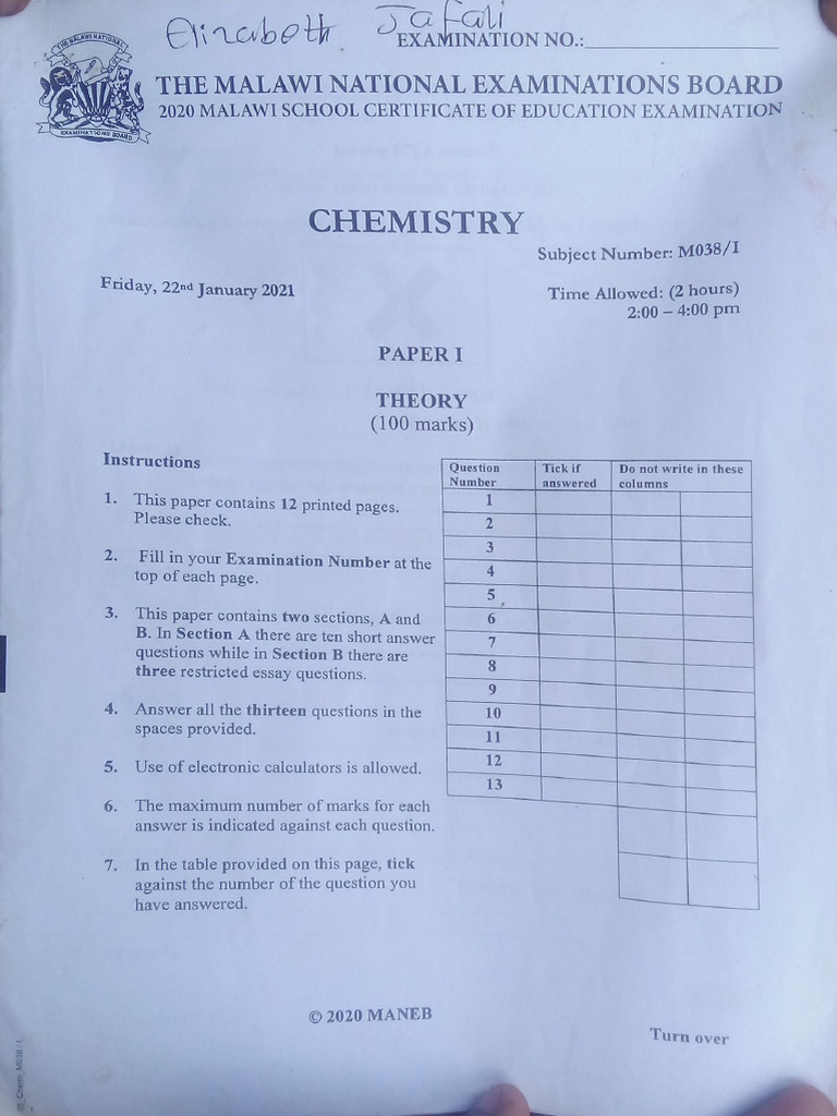 Chemistry Maneb 2020 | PDF