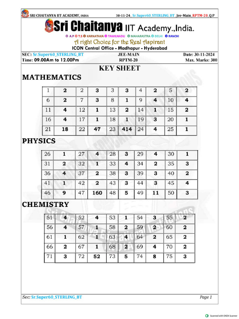 30 11 2024 SR Super60 Sterling BT Jee Main RPTM 20 Key & Sol's | PDF