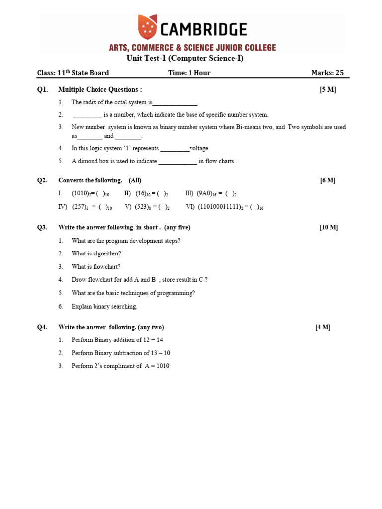 Computer Science Unit Test 1 Guide | PDF