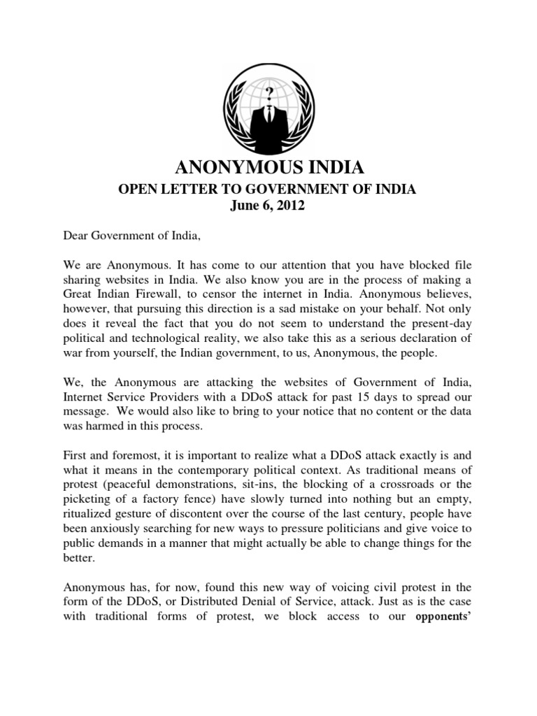 Anonymous Letter To GOI 20120606 | PDF | Denial Of Service Attack ...