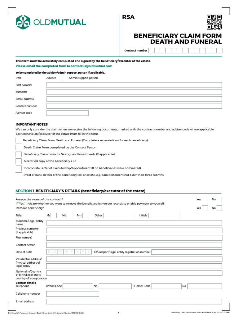 Beneficiary Claim Form Death and Funeral RSA PDF | PDF | Life Insurance | Information