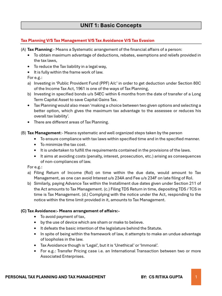 PTP - UNIT 1 (1) | PDF | Tax Avoidance | Taxes