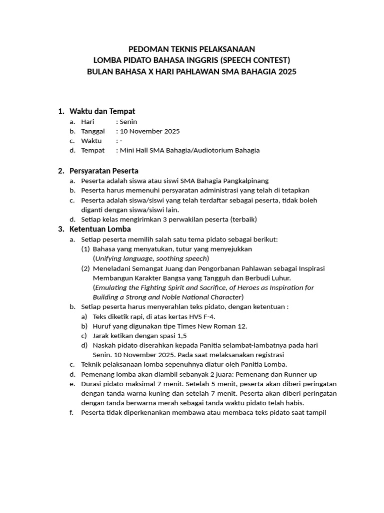 Pedoman Juknis Lomba Pidato Bulan Bahasa x Hari Pahlawan 2025 | PDF