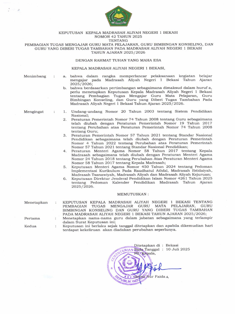 SK Pembagian Tugas Mengajar Dan Tugas Tambahan TA 25 26 (1) | PDF