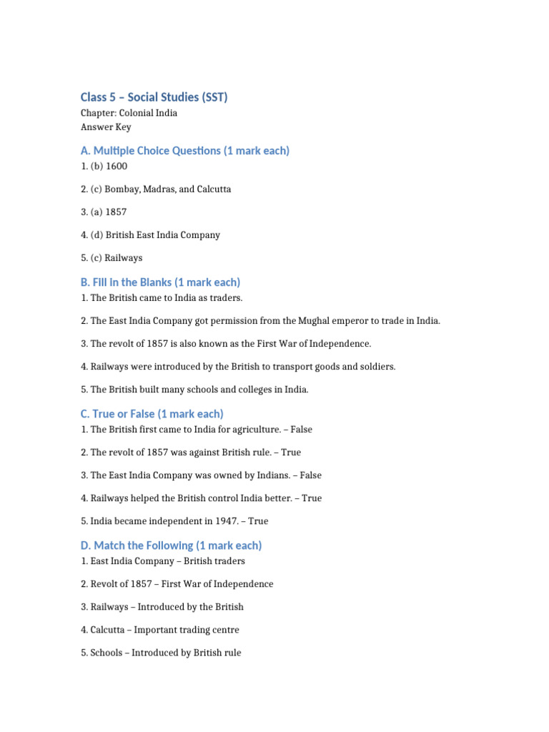 Colonial India: SST Class 5 Answer Key | PDF | Indian Rebellion Of 1857 ...