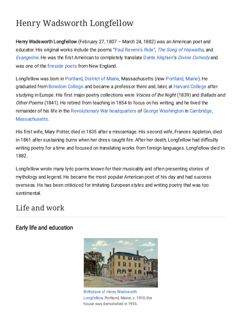 Henry Wadsworth Longfellow - Wikipedia | PDF | Henry Wadsworth Longfellow