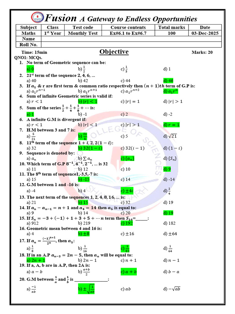 1st Yr Maths Ex#6.1 to Ex#6.7 Key 03-Dec-2025 | PDF | Numbers | Sequence