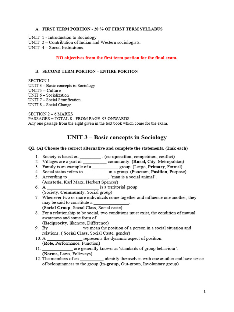 Final Exam Portion 2025-2026 Fyjc Sociology | PDF | Social ...