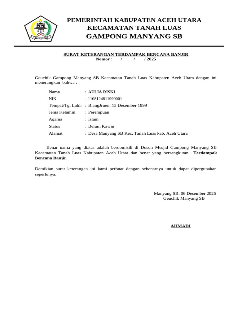 Surat Keterangan Terdampak Banjir Aceh | PDF