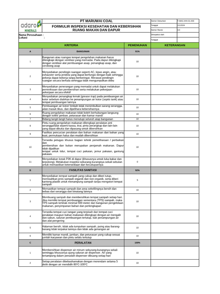 Inspeksi Kesehatan Dapur PT Maruwai Coal | PDF