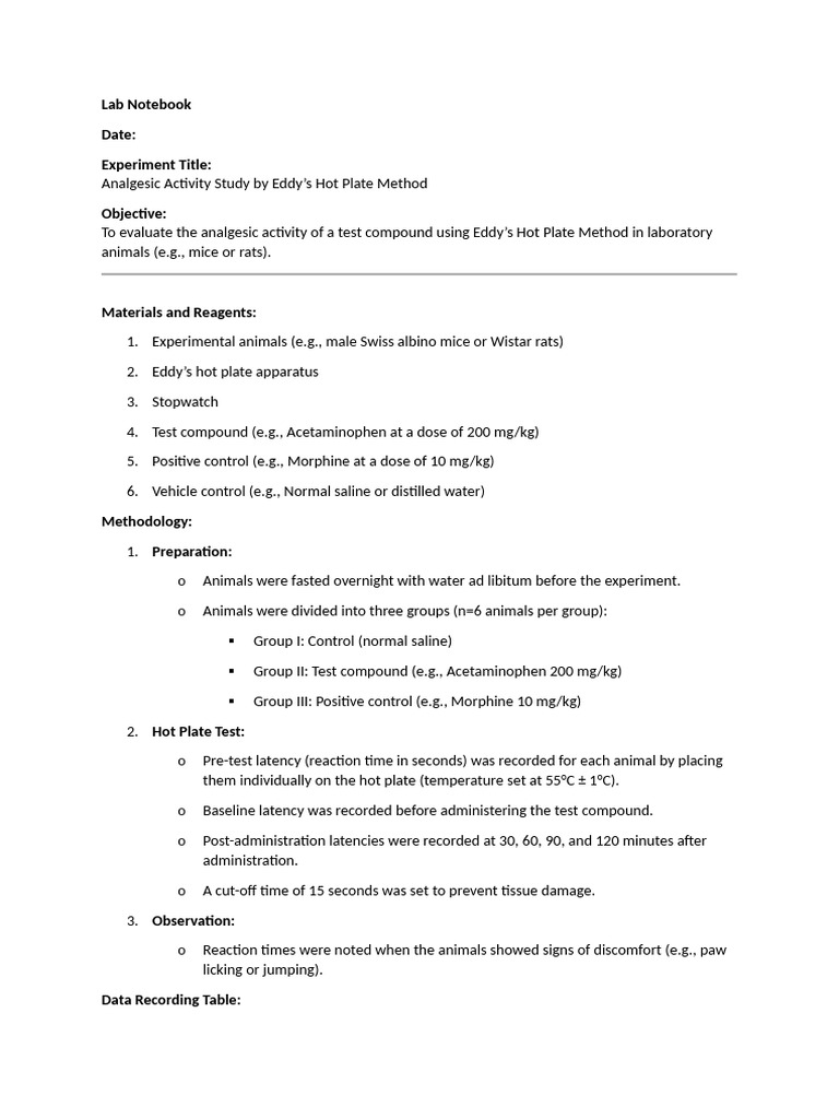 Analgesic Activity Study: Eddy's Method | PDF | Mental Chronometry ...