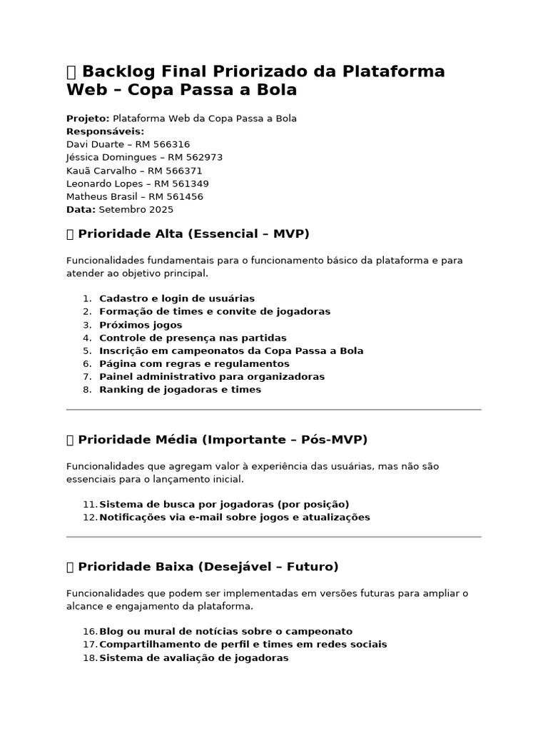 ? Backlog Final Priorizado Da Plataforma Web | PDF