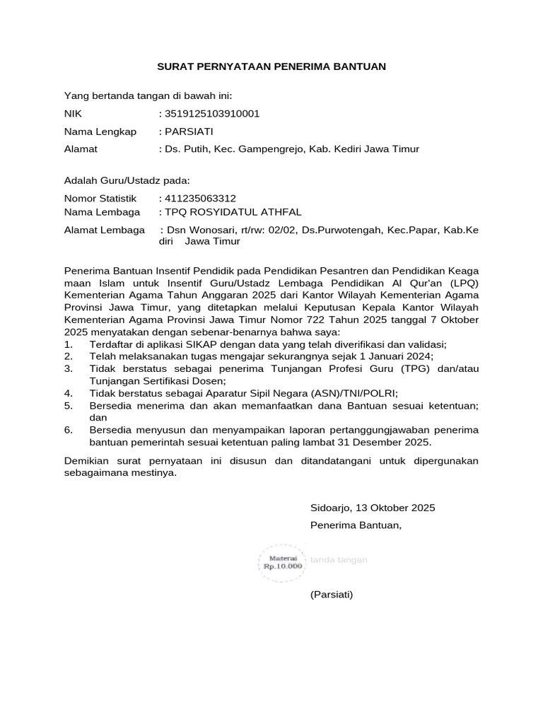 Surat Pernyataan Penerima Bantuan 2025 | PDF