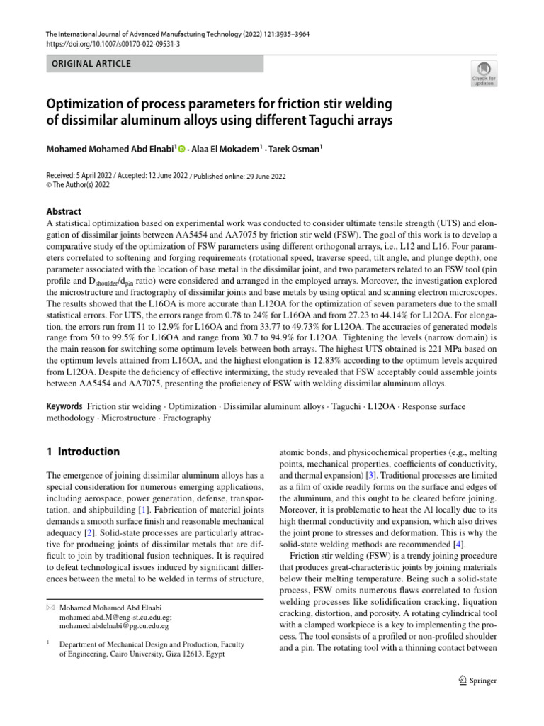 Optimization of Process Parameters for Friction Stir Welding | PDF ...