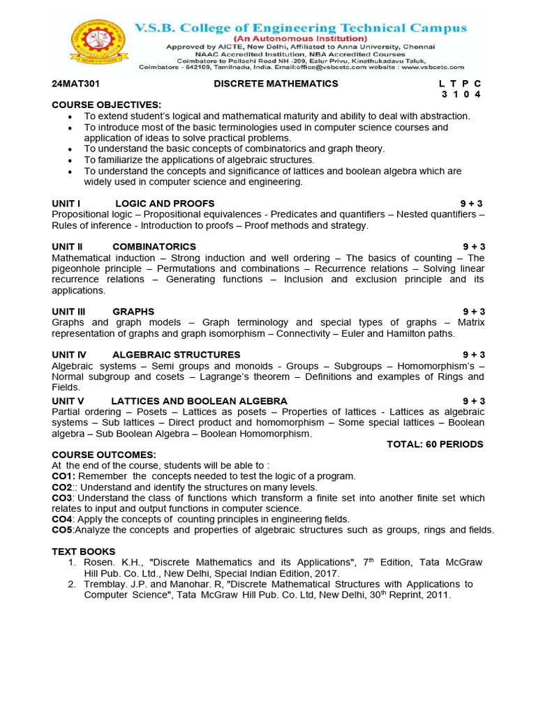 Discrete Mathematics Syllabus | PDF | Algebra | Group (Mathematics)