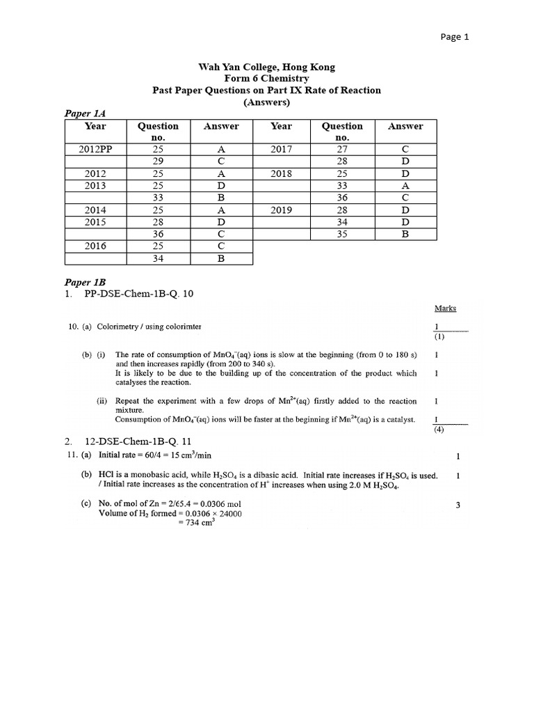 「DSE on Part IX Rate of Reaction(Suggested Answers) | PDF