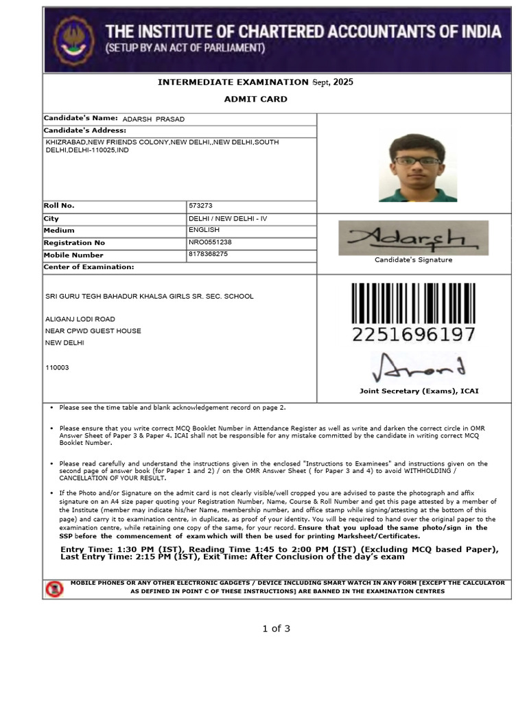 ICAI Intermediate Exam Admit Card 2025 | PDF | Multiple Choice