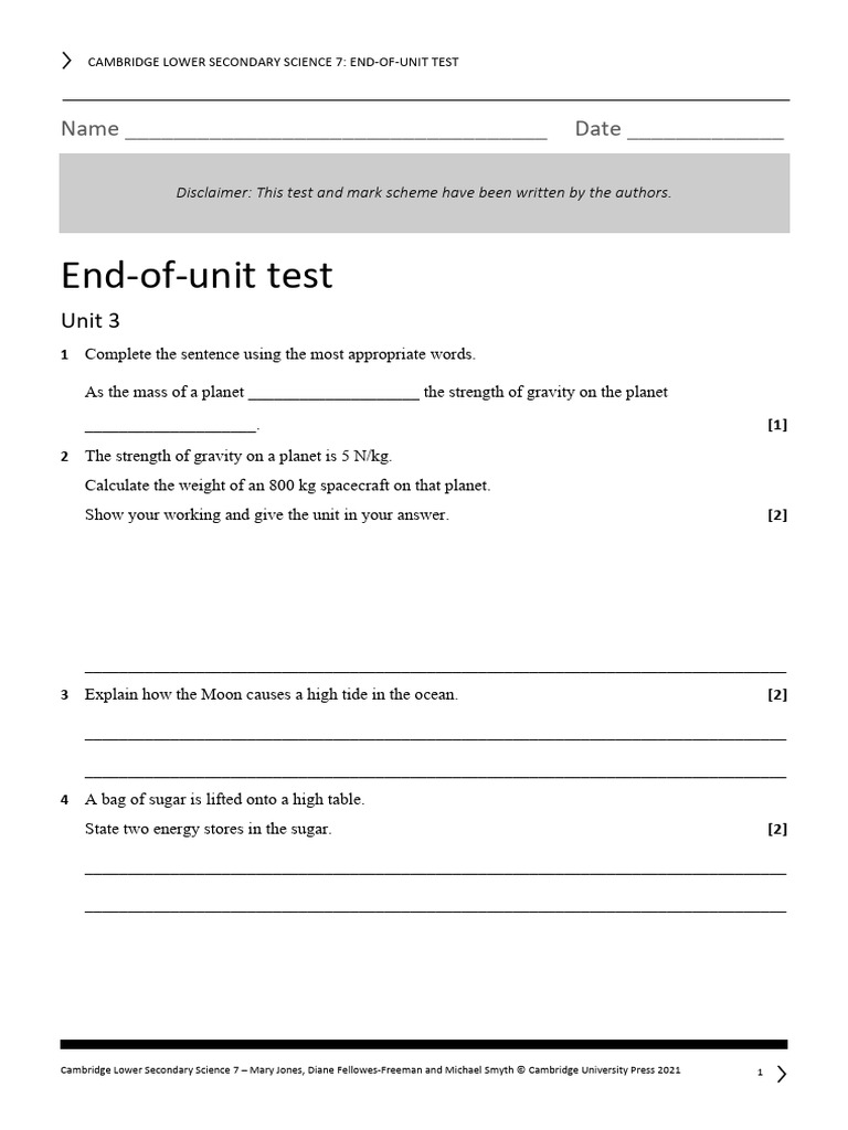 Cambridge Science 7 End-of-Unit Tests | PDF | Gravity | Mass