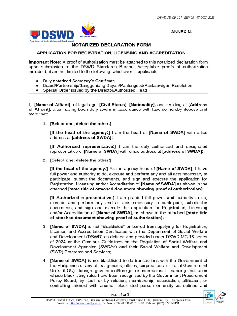 Annex N. DSWD-SB-GF-127 - RLA Declaration Form - Revised | PDF | Affidavit | Justice