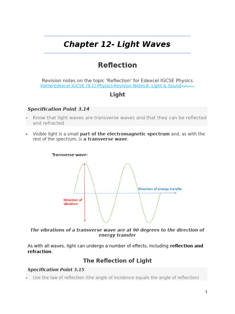 Phys - Unit 3-Ch 12 - Light Waves | PDF | Reflection (Physics) | Refraction