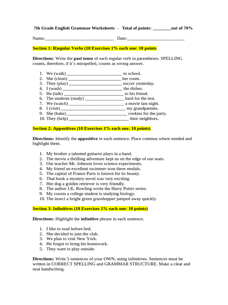 7th Grade English Grammar Worksheets Recuperation | PDF | English ...