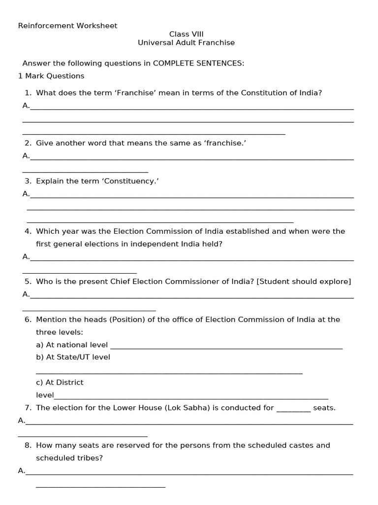 Universal Adult Franchise Worksheet | PDF | Legislature | Elections