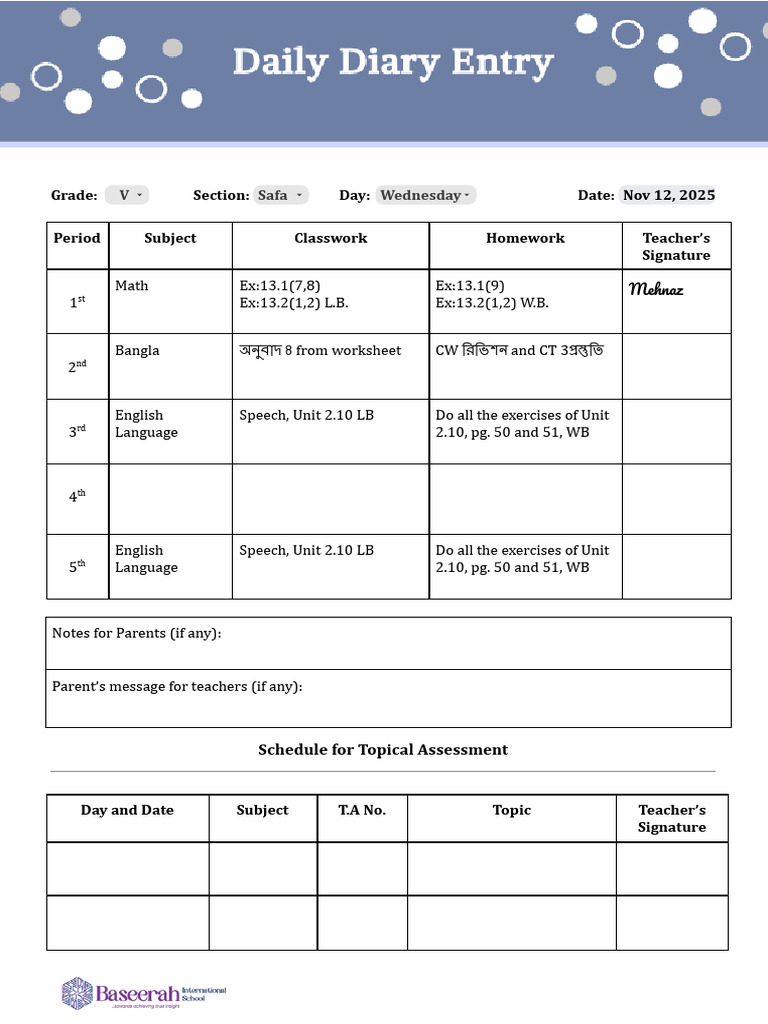 Daily Classwork and Homework Schedule | PDF
