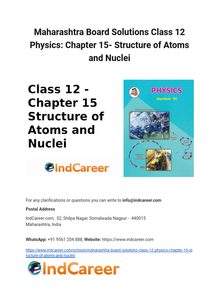 Maharashtra Board Solutions Class 12 Physics Chapter 15 Structure of Atoms and Nuclei 1 | PDF ...
