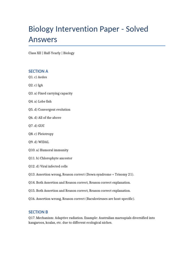 Biology Intervention Solved Class XII | PDF