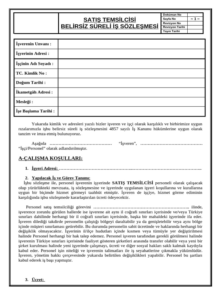 Satis Temsilcisi Belirsiz Sureli Is Sozlesmesi | PDF