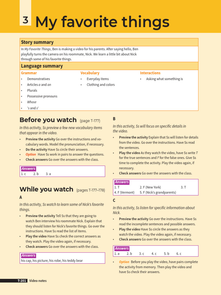 Four Corners Level 1 Unit 3 My Favorite Things Video Notes | PDF ...
