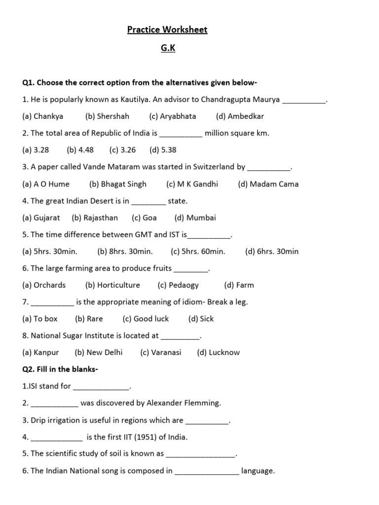 Class 6- GK- Practice Worksheet | PDF