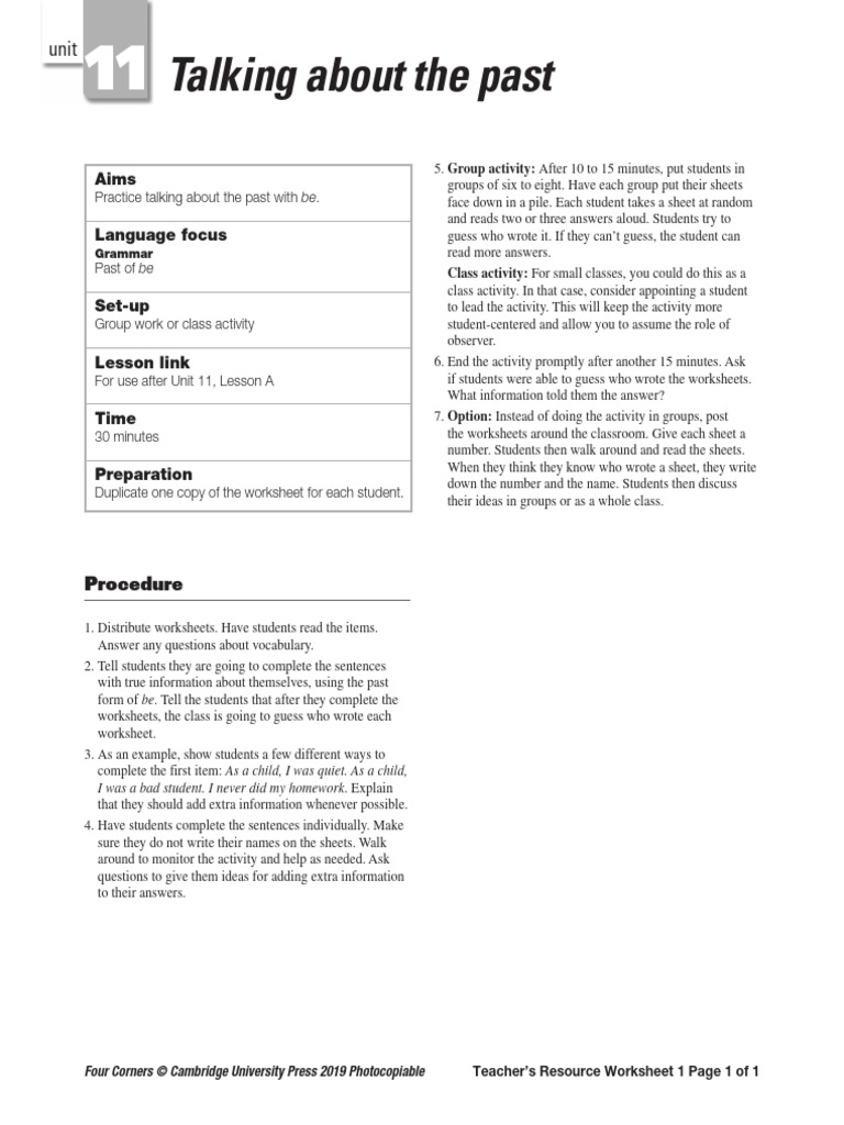 Four_Corners_Level_1_Unit_11_Talking_about_the_past_Worksheet_1 | PDF ...