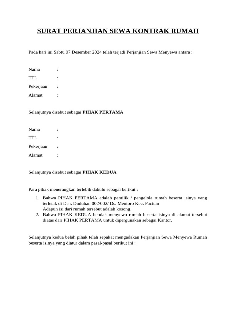 SURAT PERJANJIAN SEWA KONTRAK RUMAH | PDF