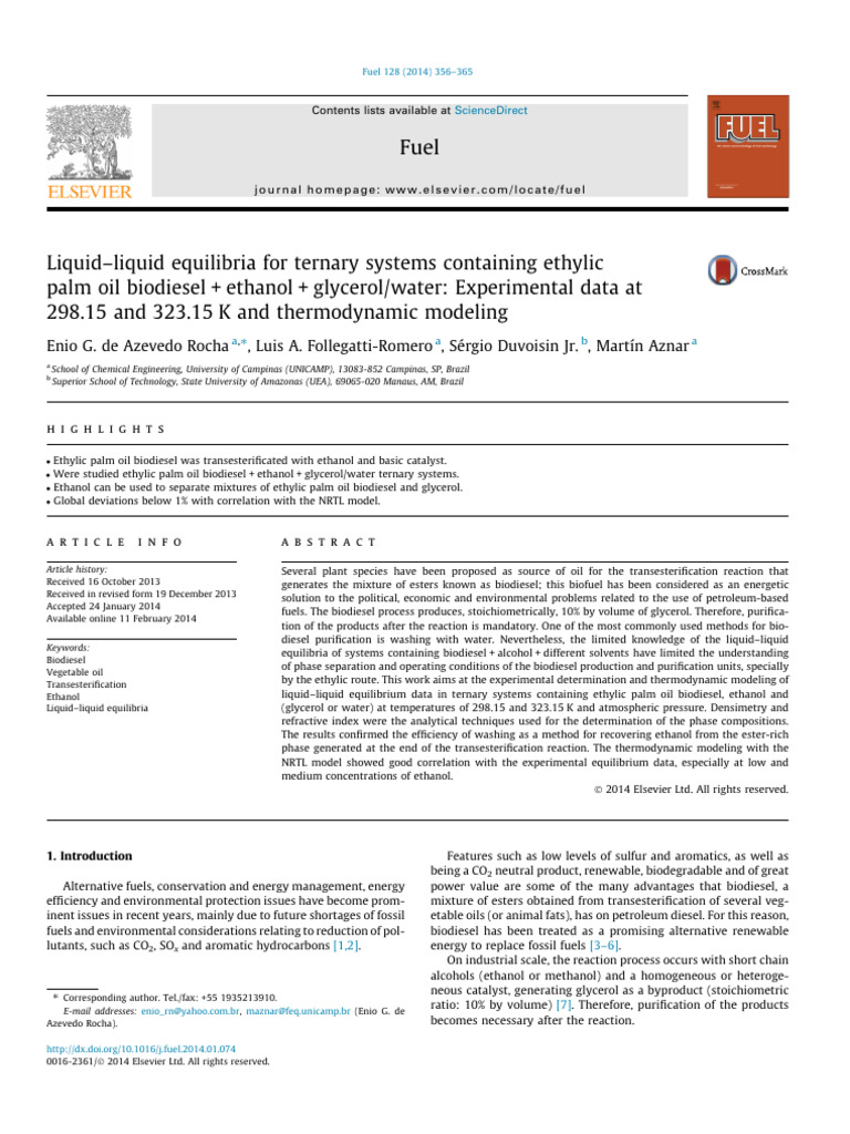 Liquid Liquid For Ternary Systems Containing Ethylic Palm Oil Ethanol ...