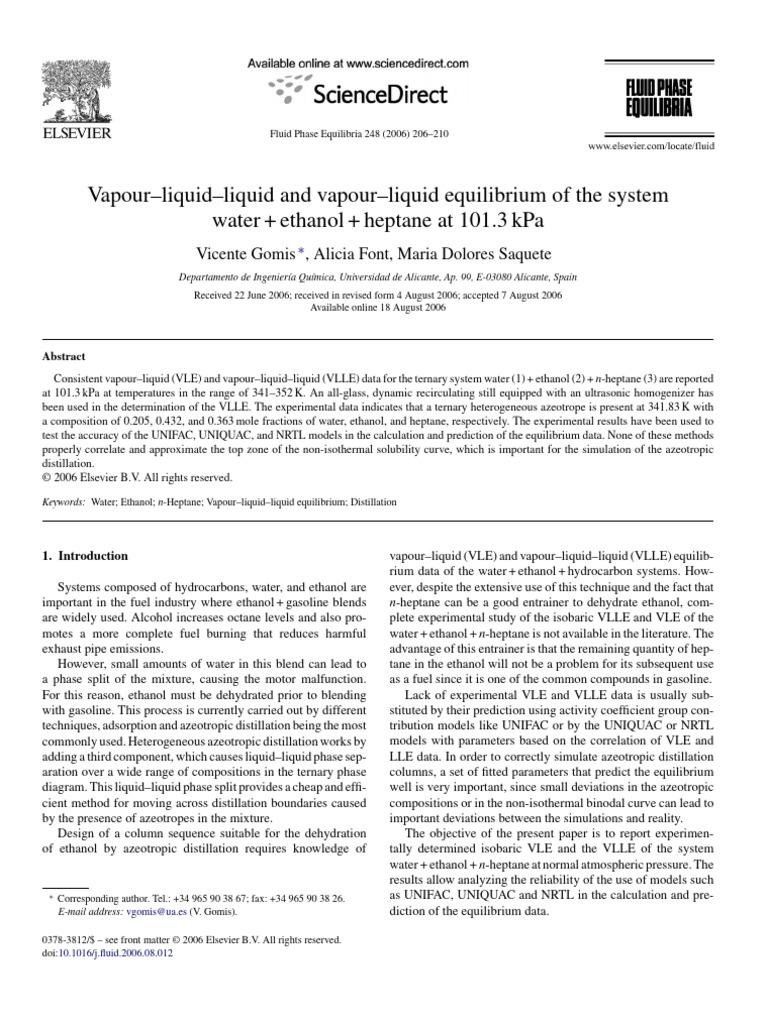 vapour liquid liquid and vapour liquid equilibrium of the system water ethanol heptane 101.3 kpa ...