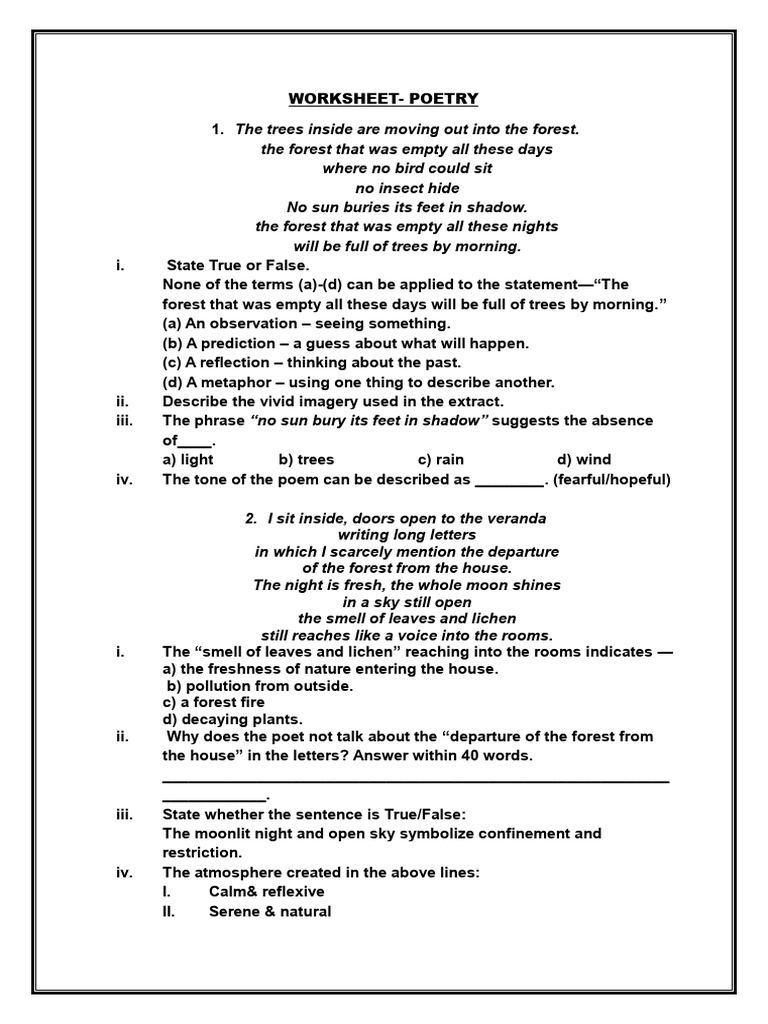 Poetry Worksheet: Analysis & Imagery | PDF | Poetry | Epistemology