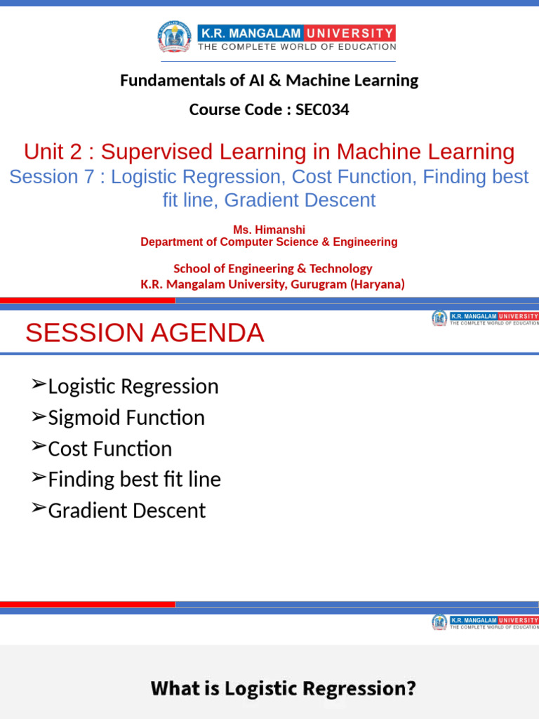 Session 7 Logistic Regression, Cost Functions, Finding Best Fit Line ...