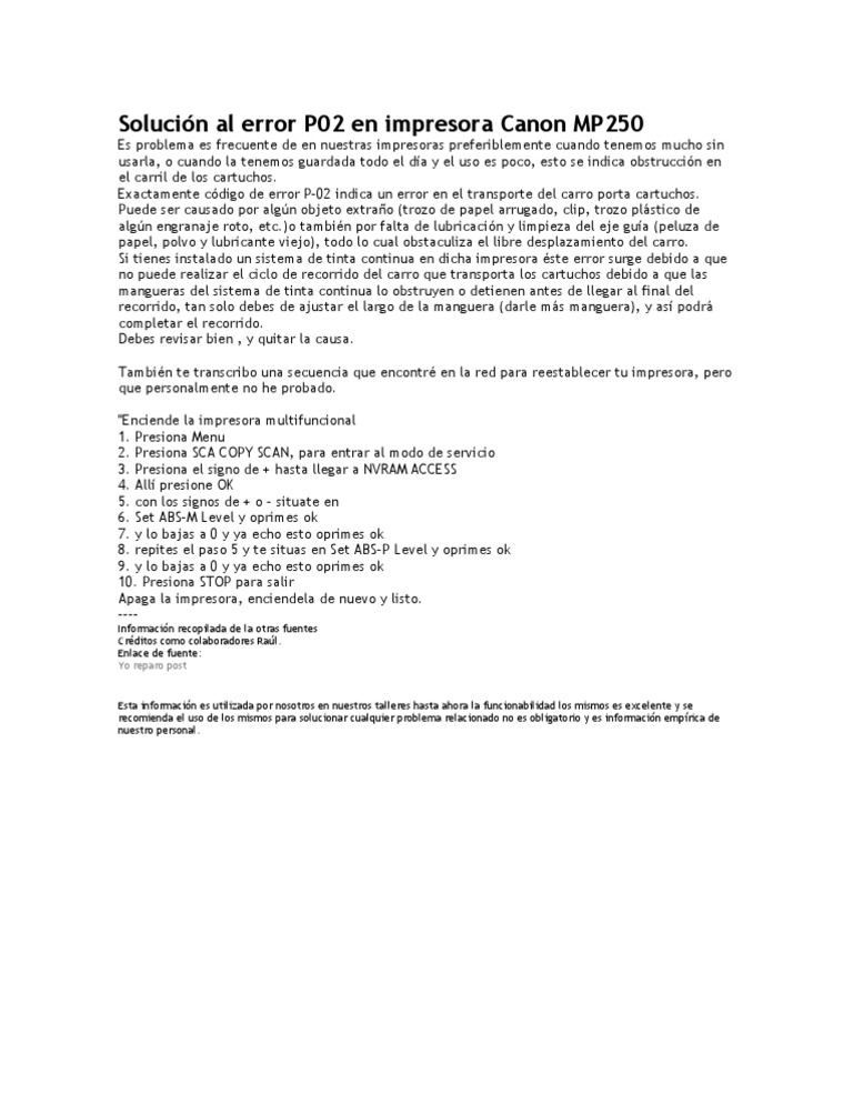 Solución Al Error P02 en Impresora Canon MP250 | PDF | Impresora ...