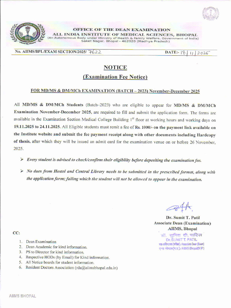 Fee Notice For MDMS & DMMCH Examination Nov 2025 | PDF