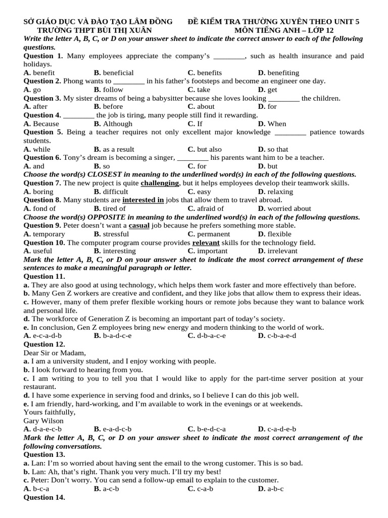 Unit 5 English Test for Grade 12 | PDF
