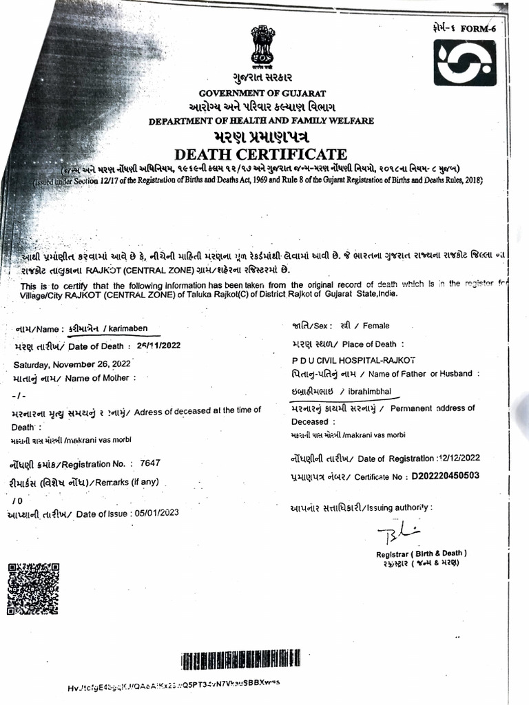 Death Certificate Karimaben | PDF
